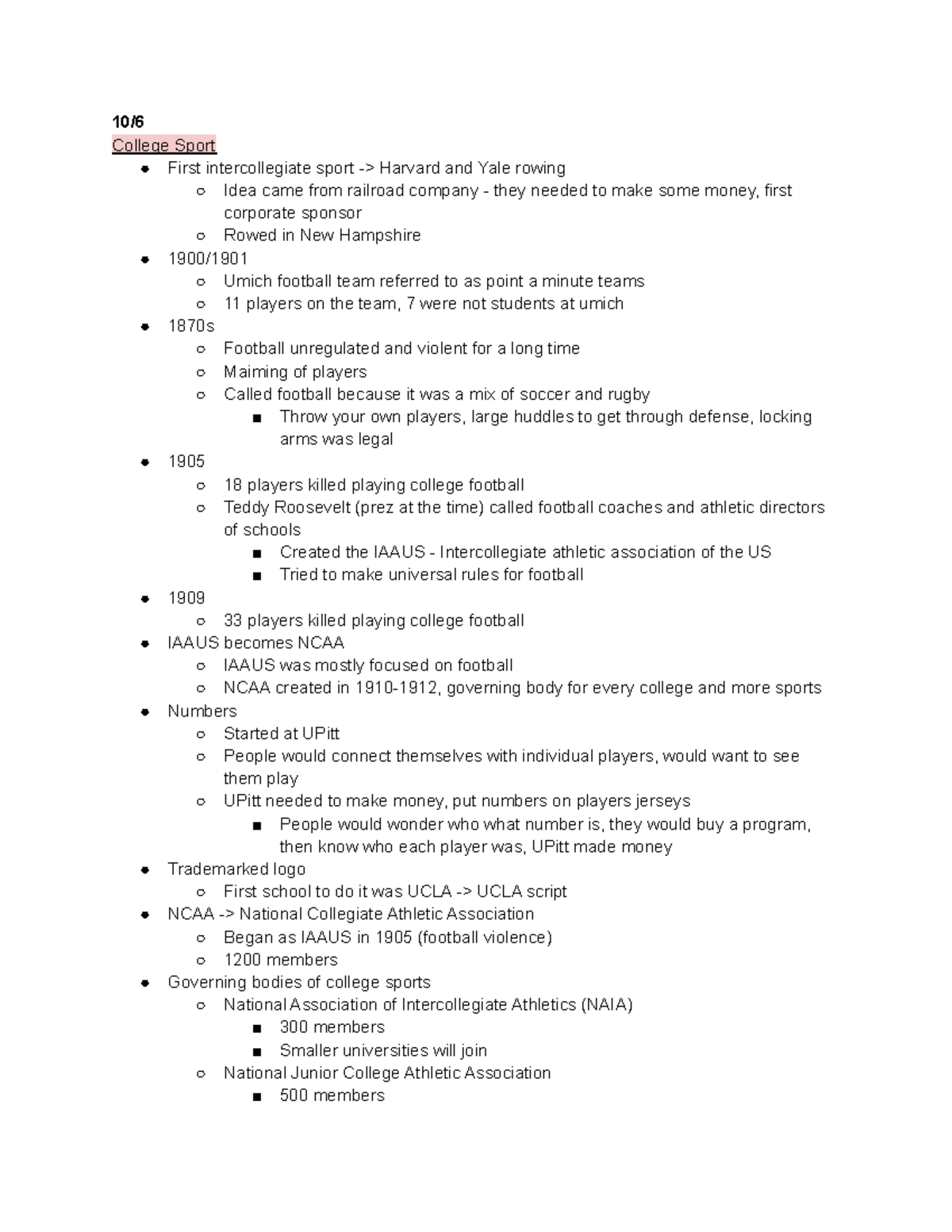 SM 203 Unit 2 Business Side of College Sport Notes - 10/ College Sport ...
