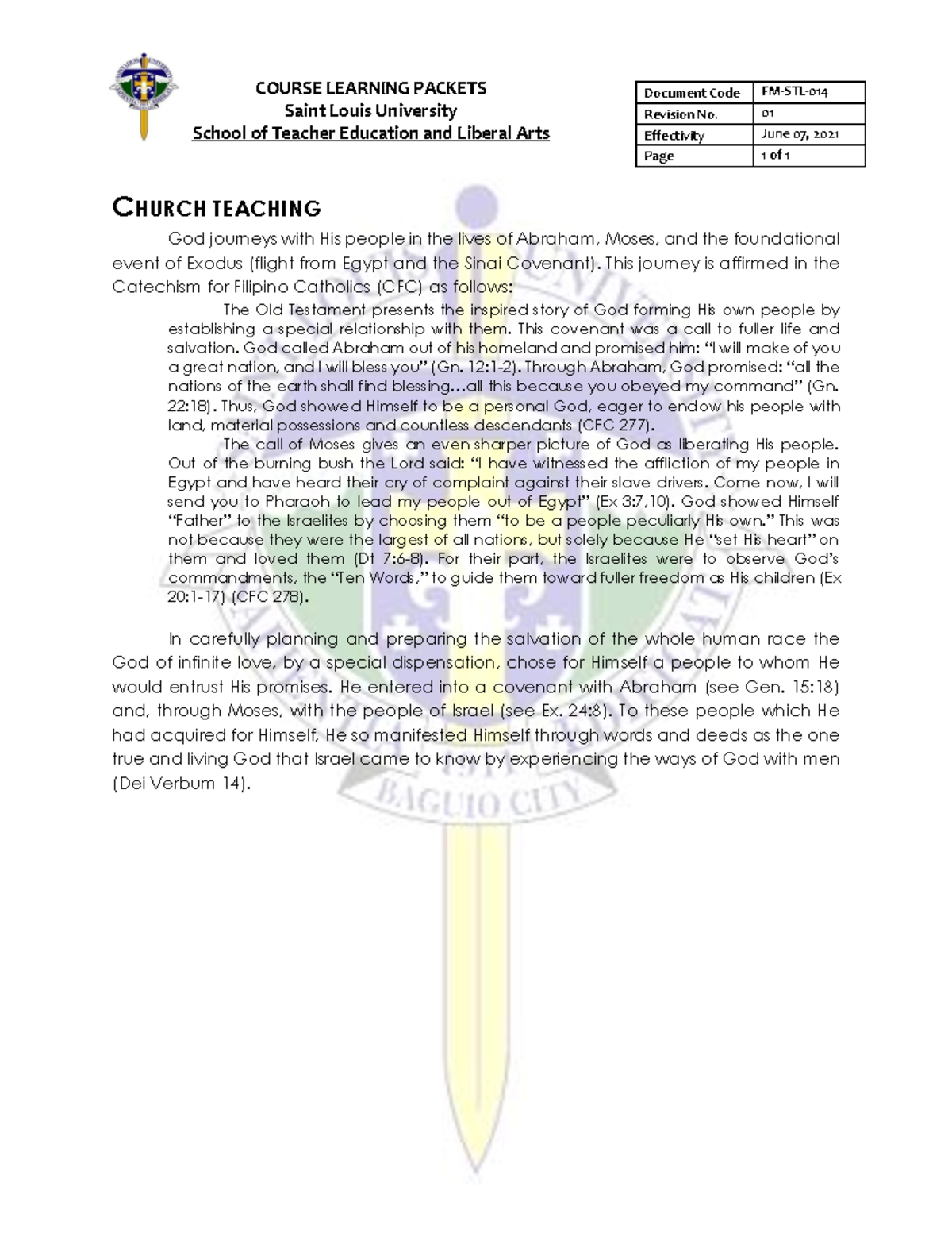 CFE 101 Module 2, Lesson 1 Church Teaching - COURSE LEARNING PACKETS ...