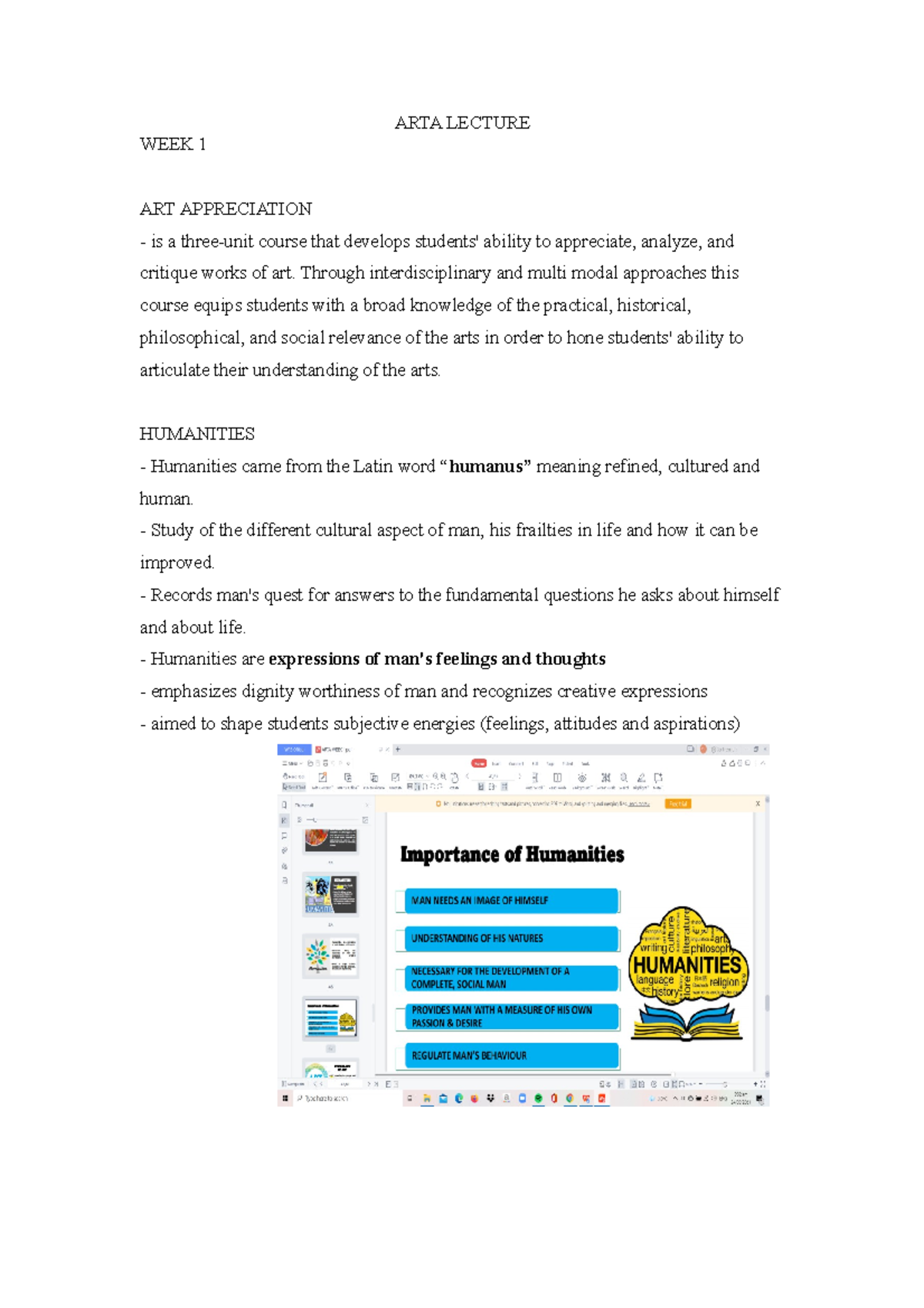 ARTA- PRELIM Lecture Notes - ARTA LECTURE WEEK 1 ART APPRECIATION is a ...