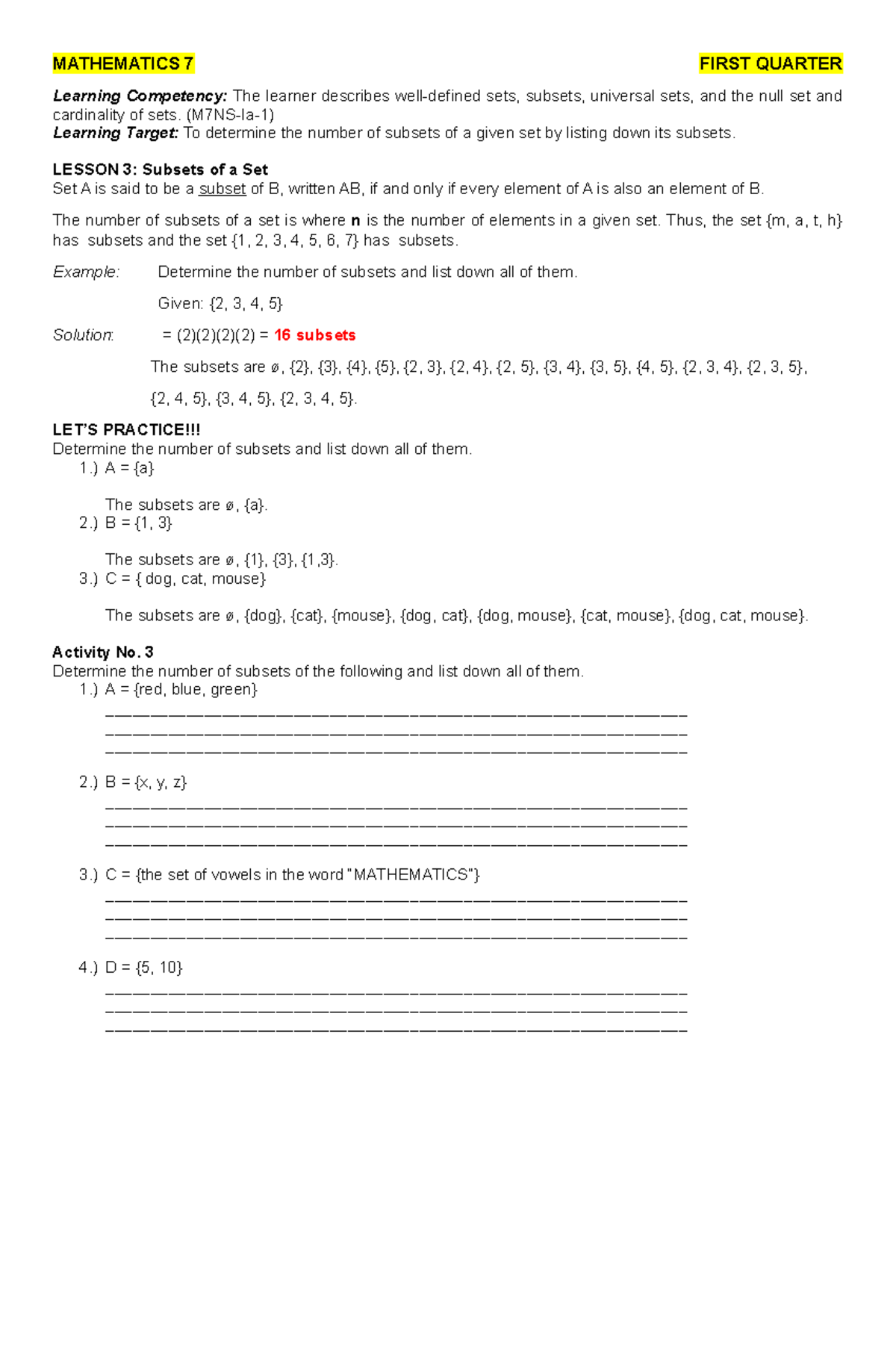 MATH7 First Quarter Lesson 3 - MATHEMATICS 7 FIRST QUARTER Learning ...