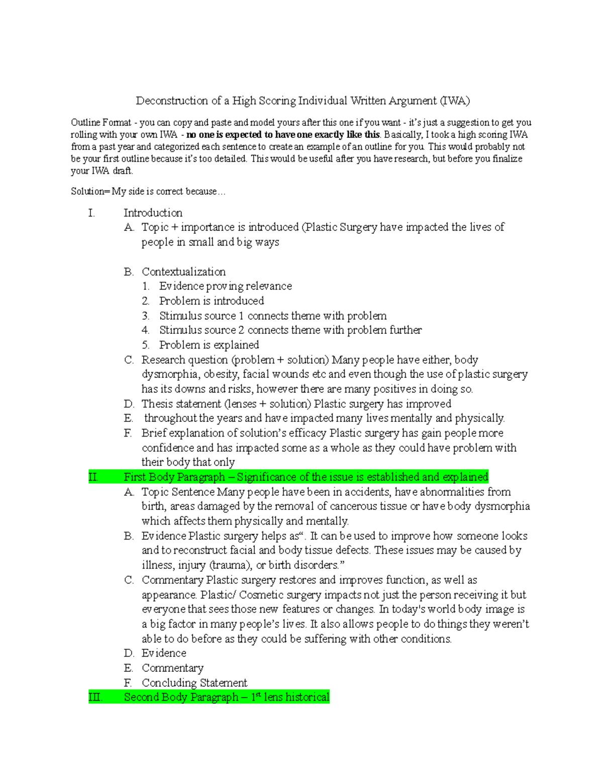 Copy of IWA - High Scoring Sample Outline - Deconstruction of a High ...