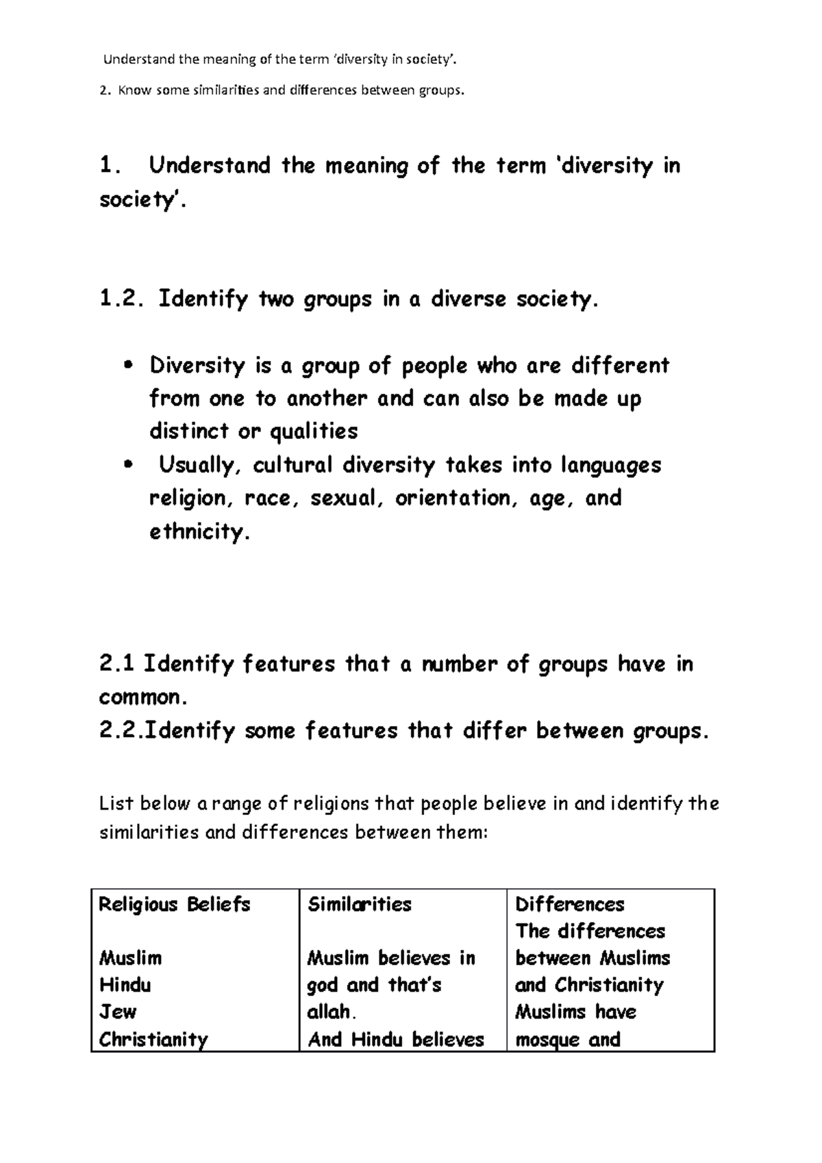 ‘diversity in society - Know some similarities and differences between ...