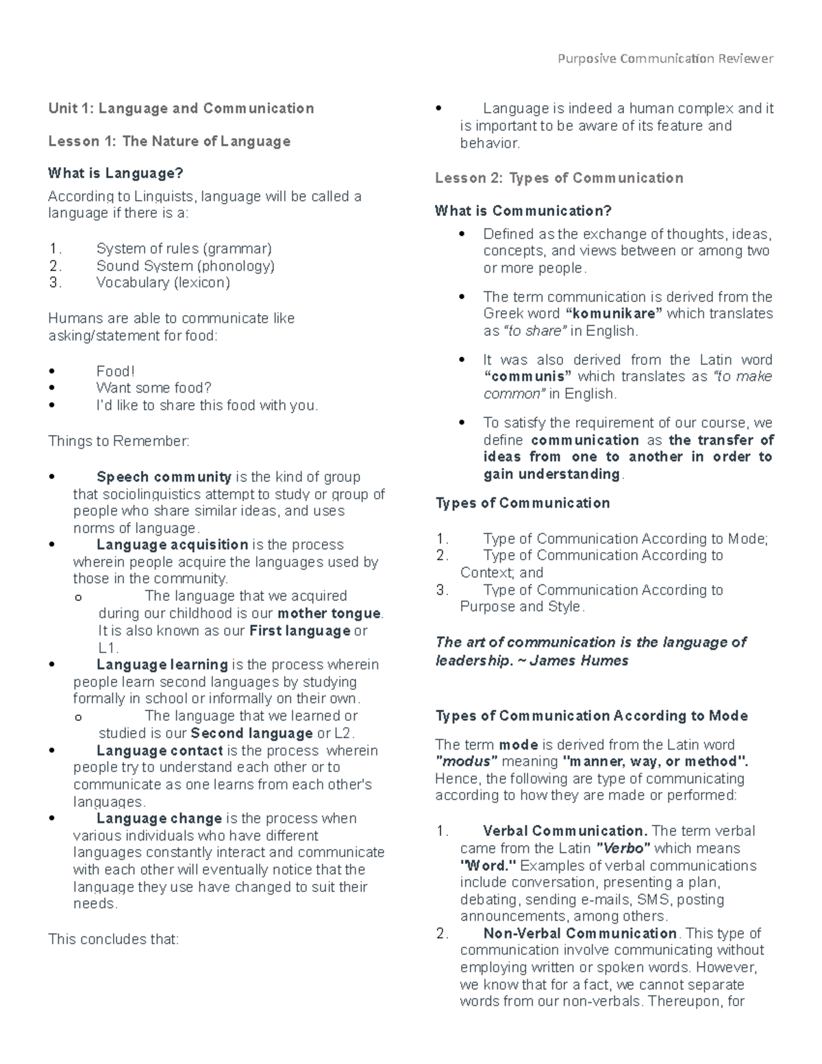 Purposive communication reviewer - Unit 1: Language and Communication Lesson 1: The Nature of ...