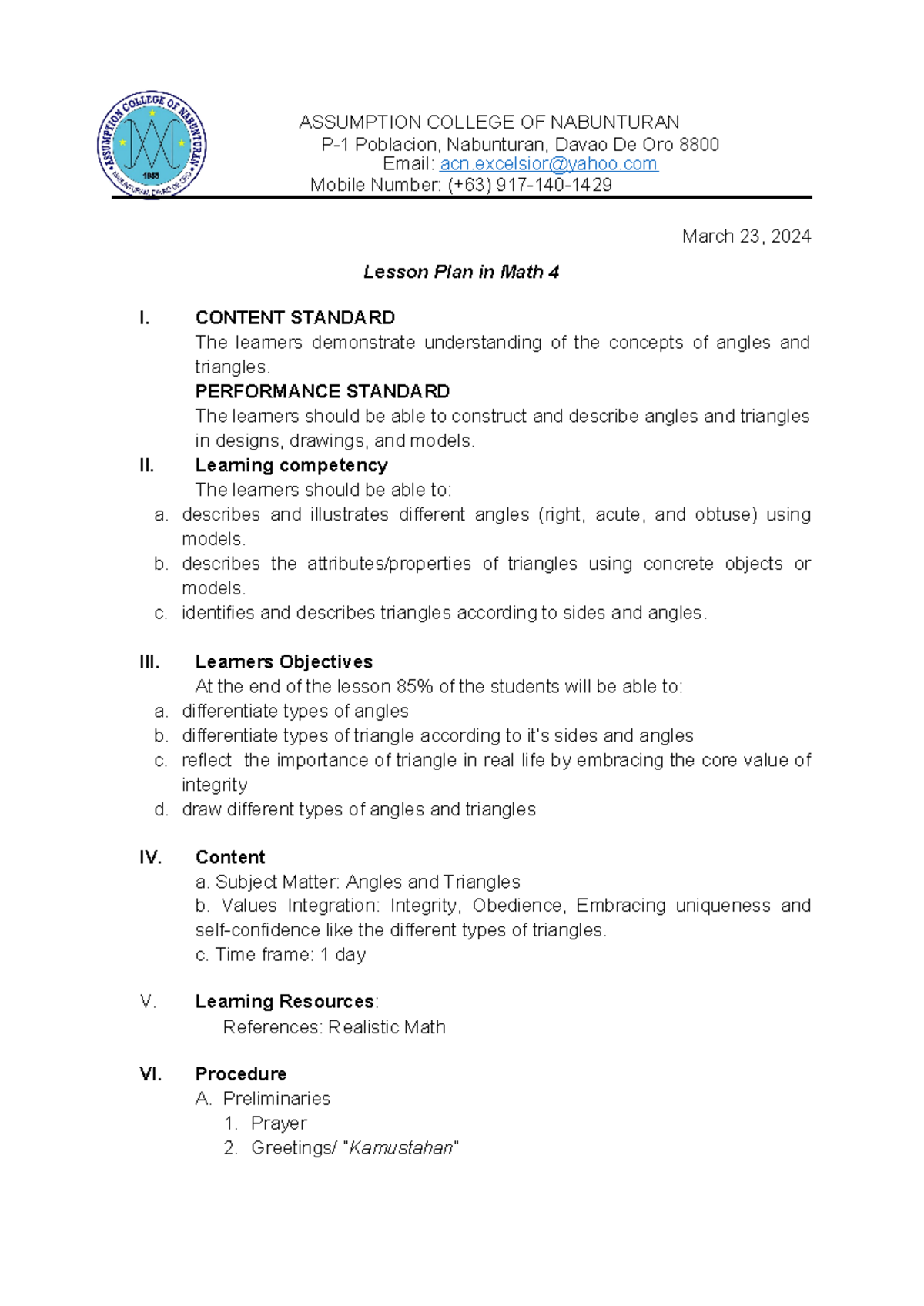 Final triangle lesson - ASSUMPTION COLLEGE OF NABUNTURAN P-1 Poblacion ...