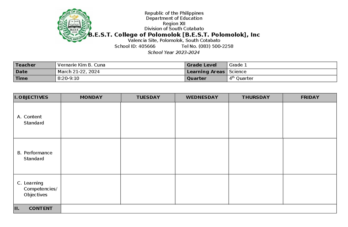 Block-PLAN - science 3 - Republic of the Philippines Department of ...