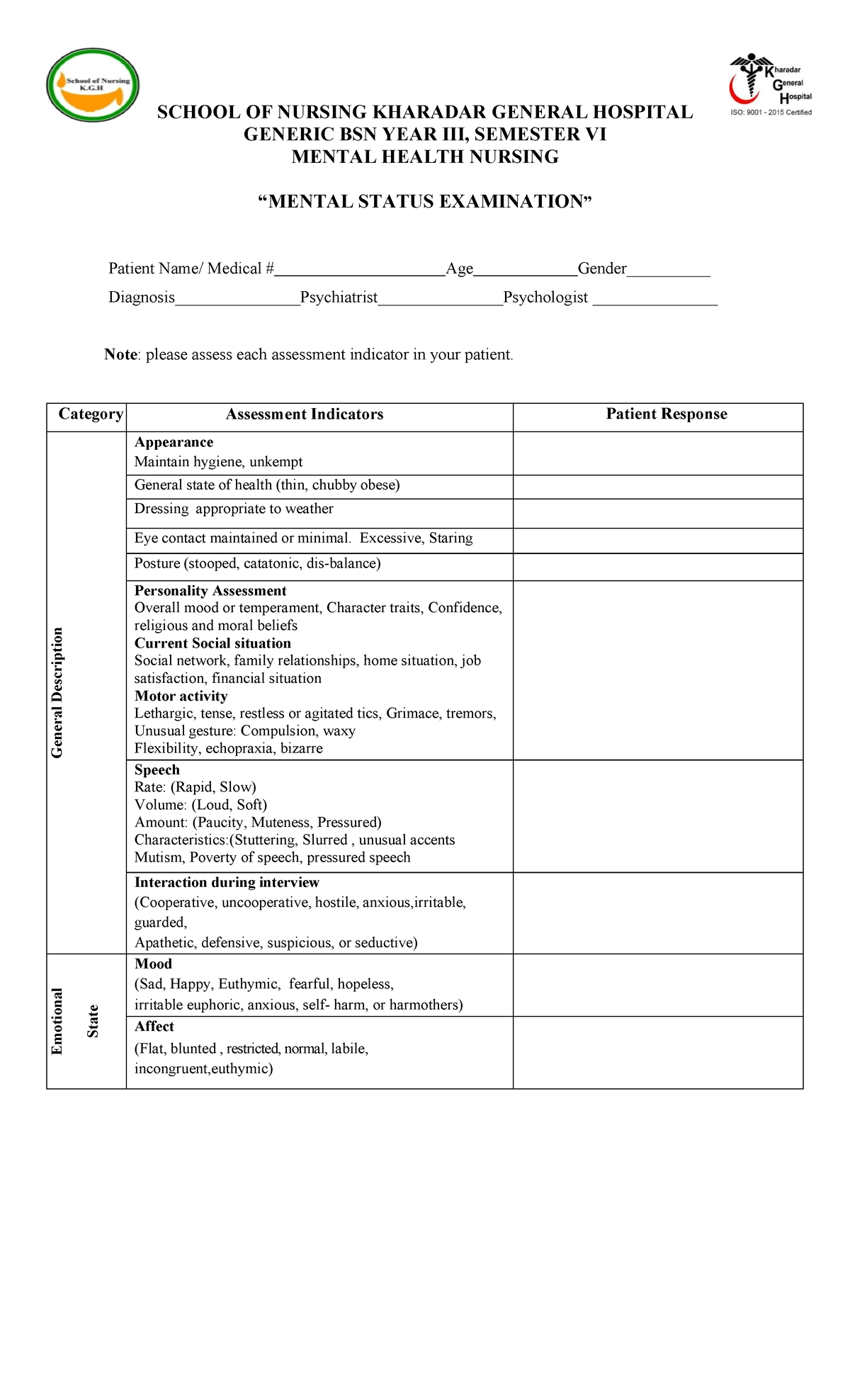 Mental status examination form - SCHOOL OF NURSING KHARADAR GENERAL ...