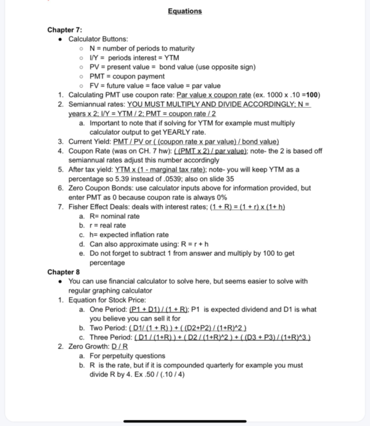 FIN 300 Exam 2 Review - Equations Chapter 7: Calculator Buttons: N ...