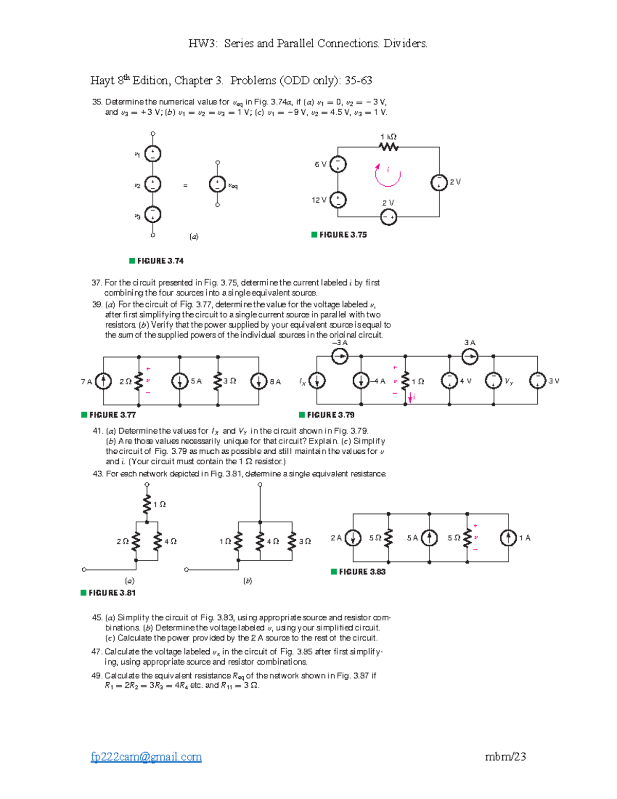 Circuits 1 hw3 2023-opt - HW3: Series and Parallel Connections. Dividers. fp222cam@gmail mbm ...
