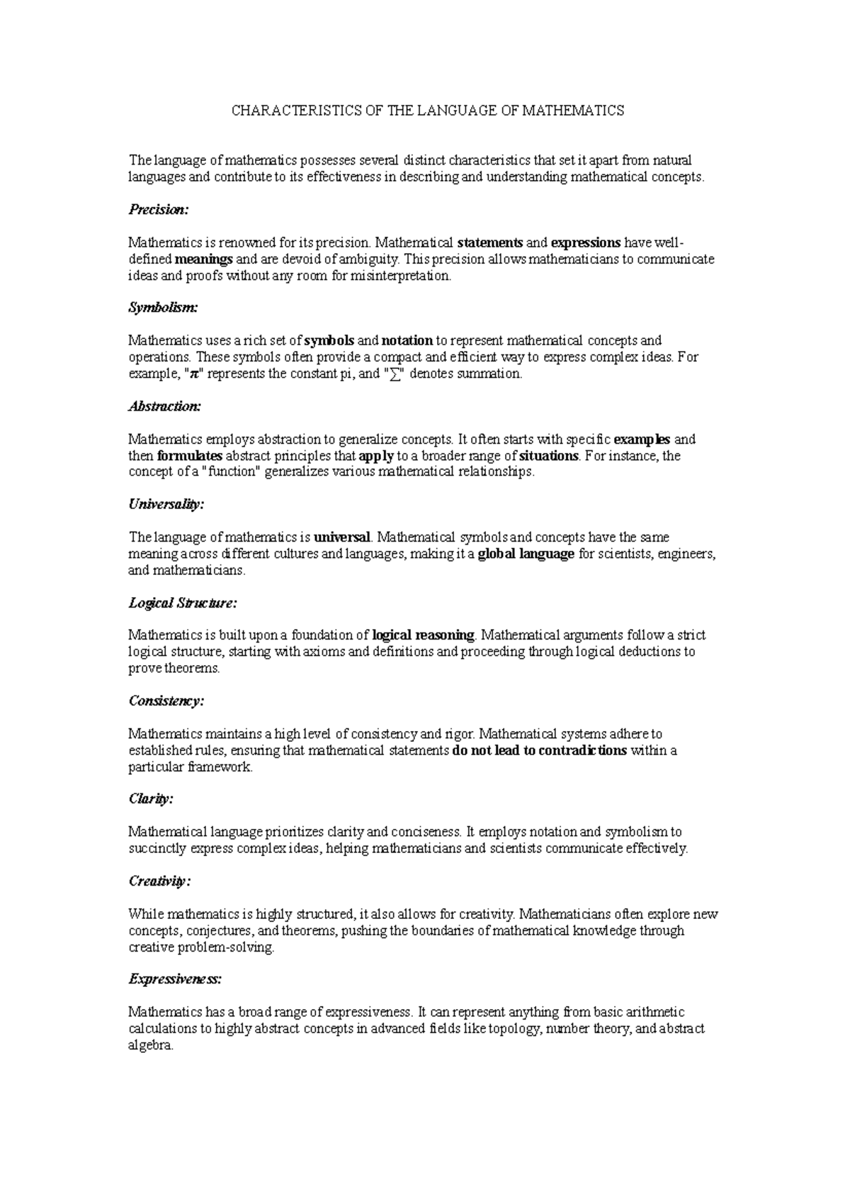 Characteristics OF THE Language OF Mathematics - CHARACTERISTICS OF THE ...