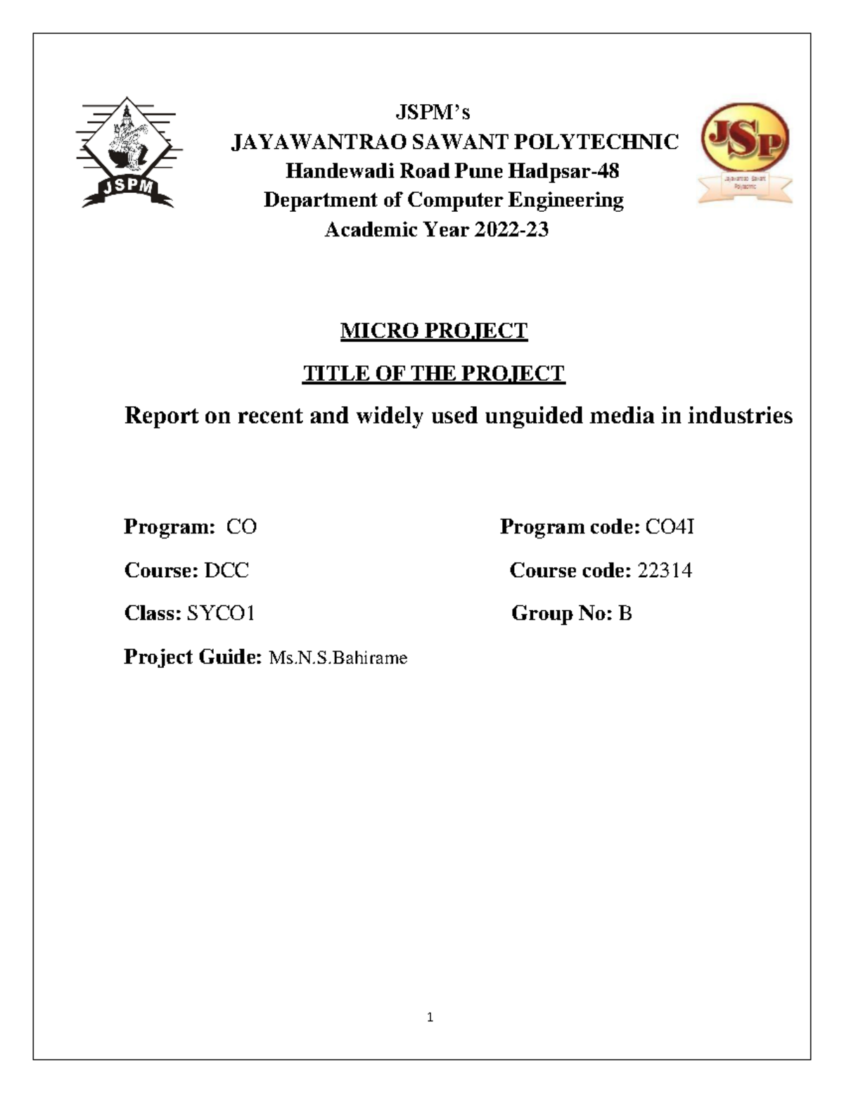 DCC MIcroproject 1 - JSPM’s JAYAWANTRAO SAWANT POLYTECHNIC Handewadi Road Pune Hadpsar ...