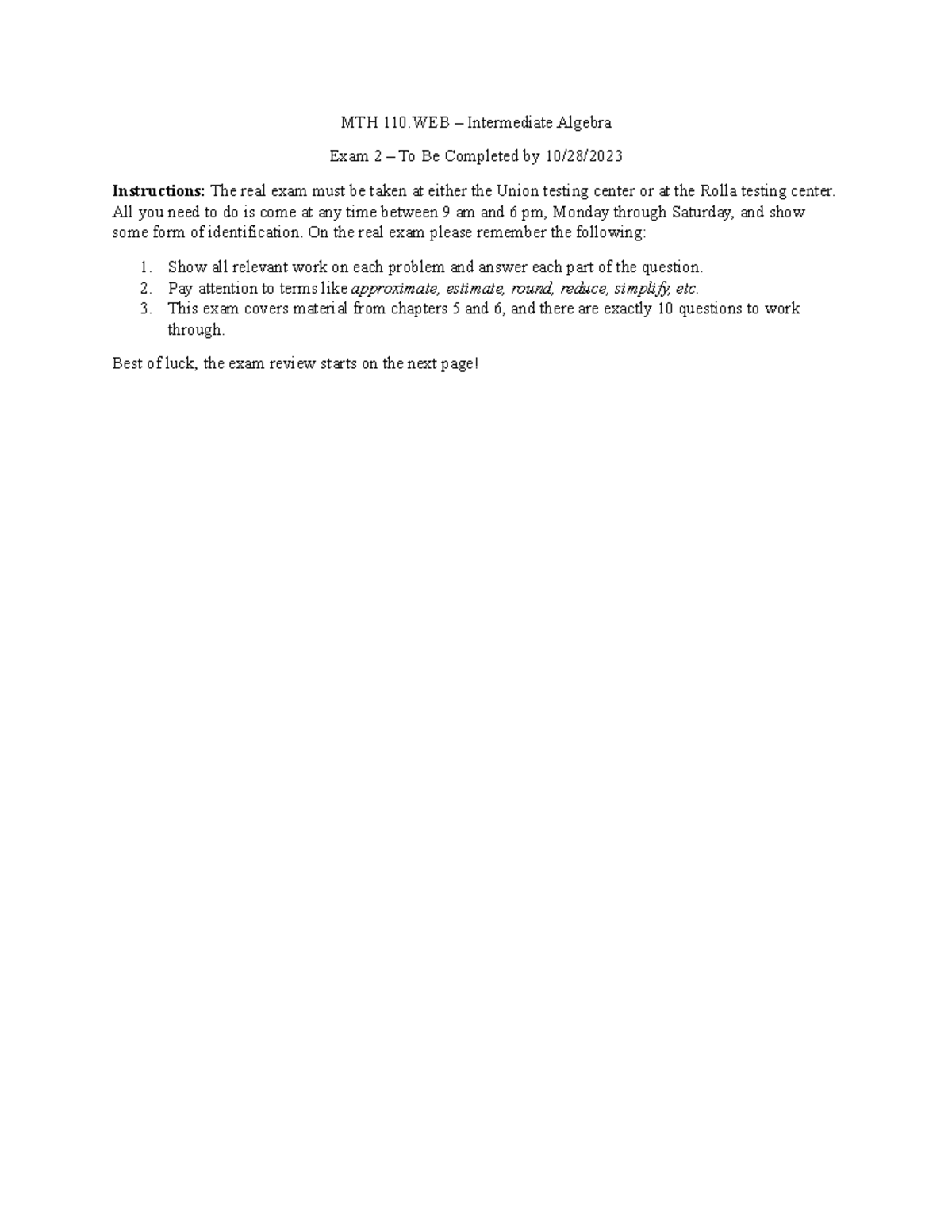 Exam 2 Fall Semester 2023 - MTH 110 – Intermediate Algebra Exam 2 – To ...