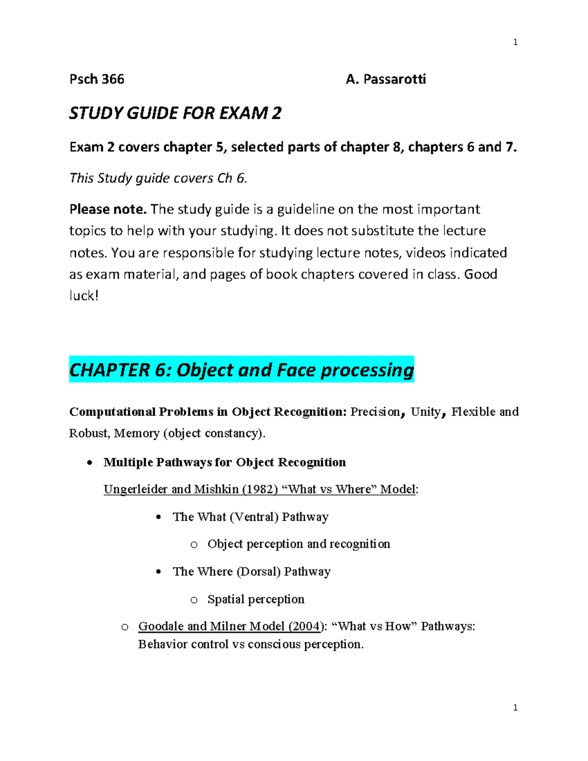 Psch 366 Study Guide Chapter 6 - Psch 366 A. Passarotti STUDY GUIDE FOR ...