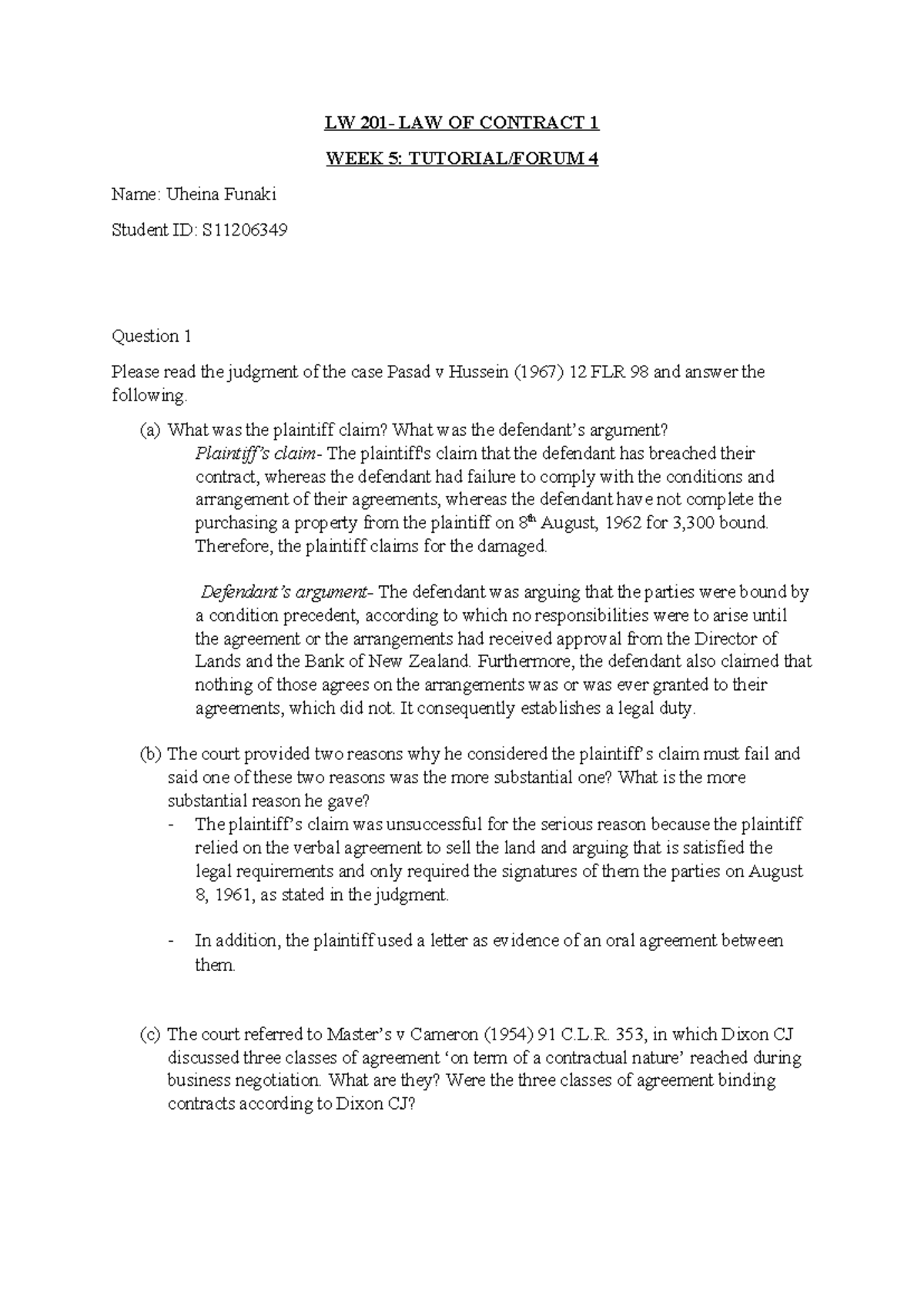 LW 201 Tutorial 4 - LW 201- LAW OF CONTRACT 1 WEEK 5: TUTORIAL/FORUM 4 ...