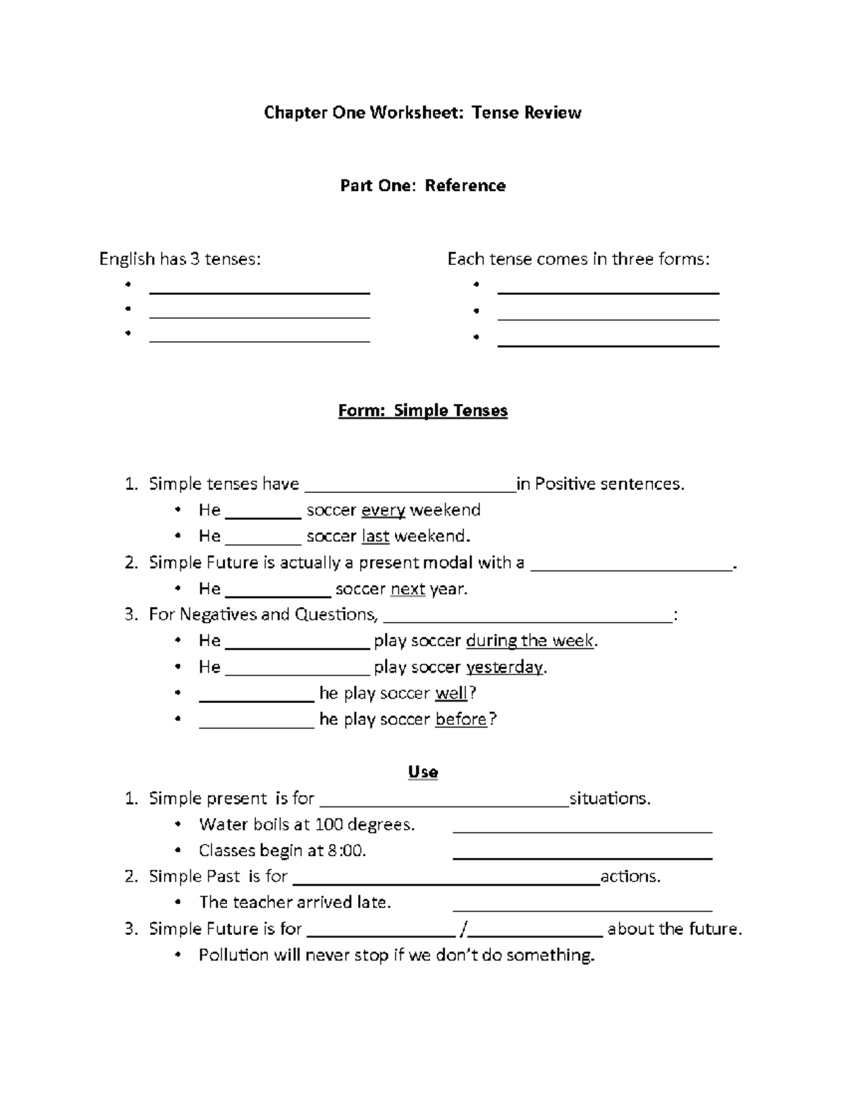 Chapter One Worksheet, Tense Review - English II (ENL25625-4E0-H2021 ...