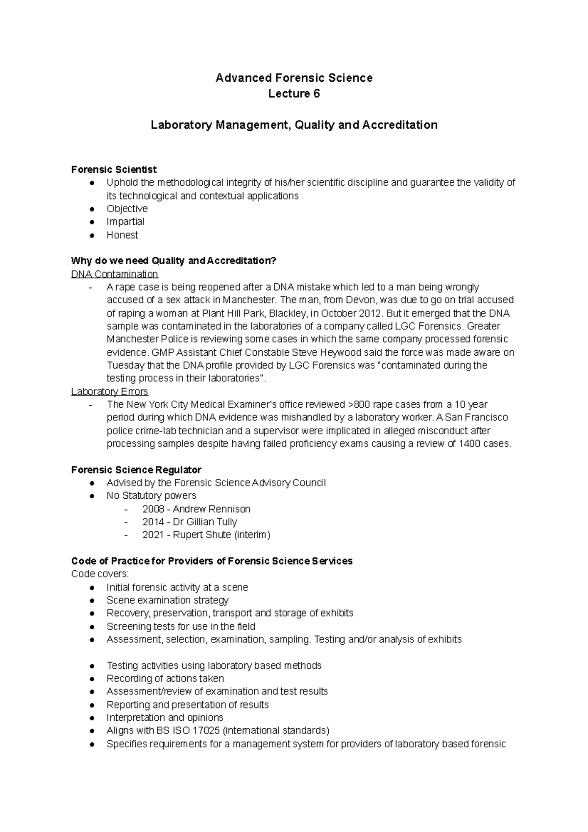 Advanced Forensic Science Lecture 6 Laboratory Management Quality and ...