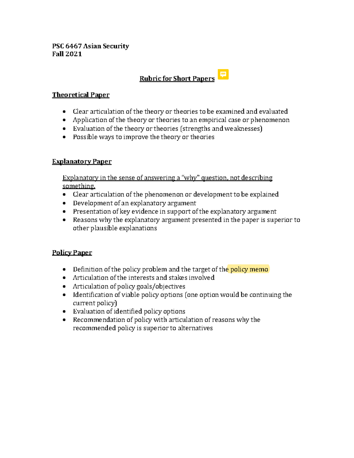 PSC 6467 Fall 2021 Rubric for short papers - PSC 6467 Asian Security Fall 2021 Rubric for Short ...