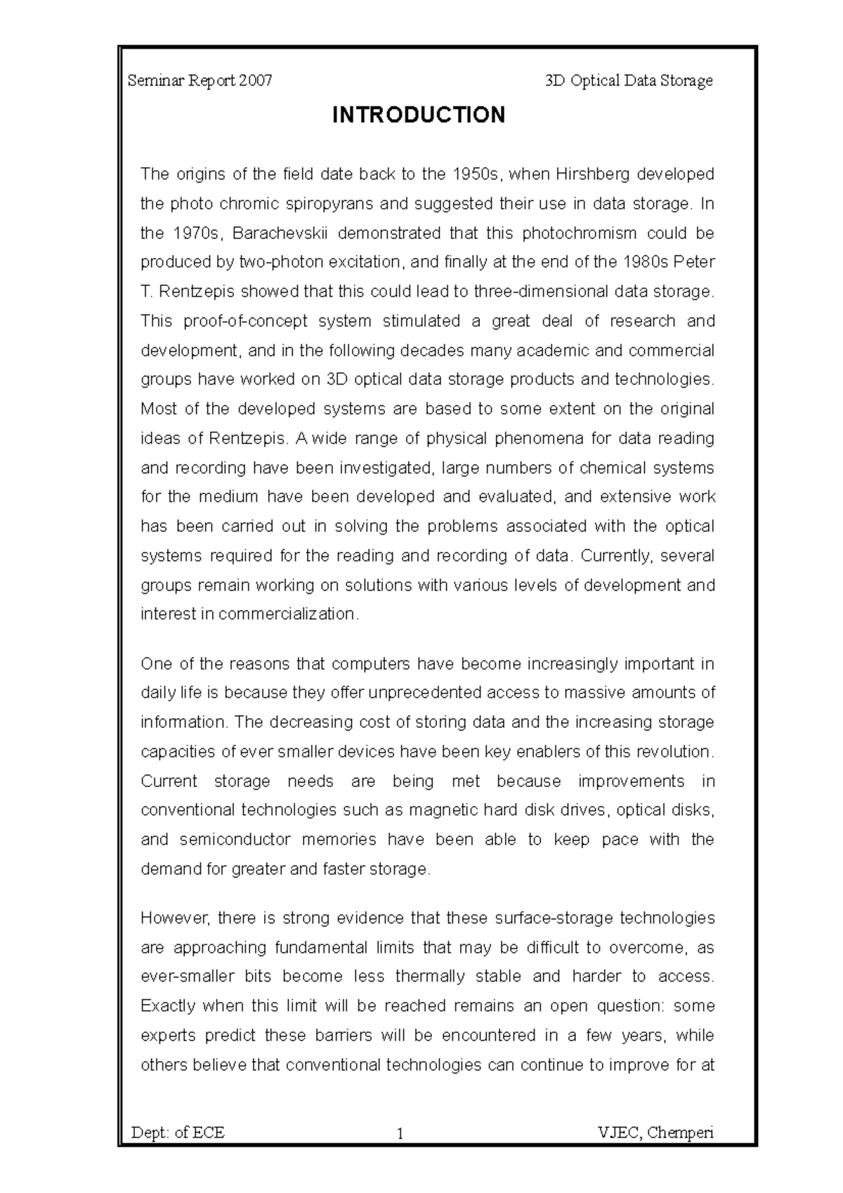 120919518 3D Optical Data Storage - INTRODUCTION The origins of the ...