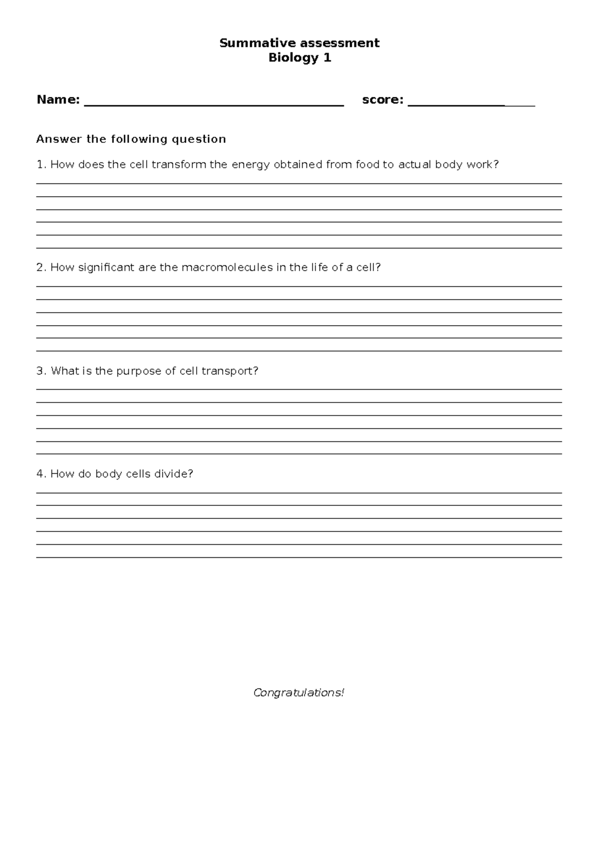 Biology 1 Summative LAST - Summative assessment Biology 1 Name: - Studocu