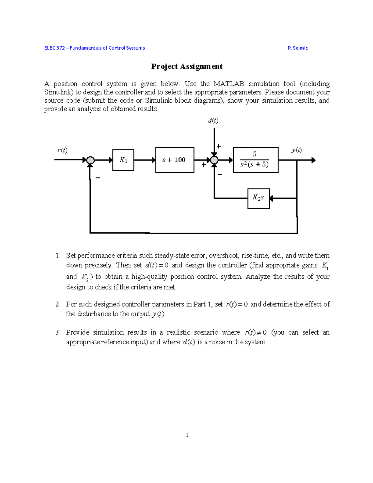 ELEC372 Project Assignment - ELEC 372 – Fundamentals of Control Systems ...
