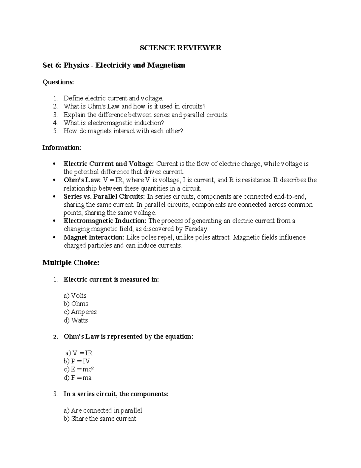 Science Reviewer 6 - SCIENCE REVIEWER Set 6: Physics - Electricity and ...