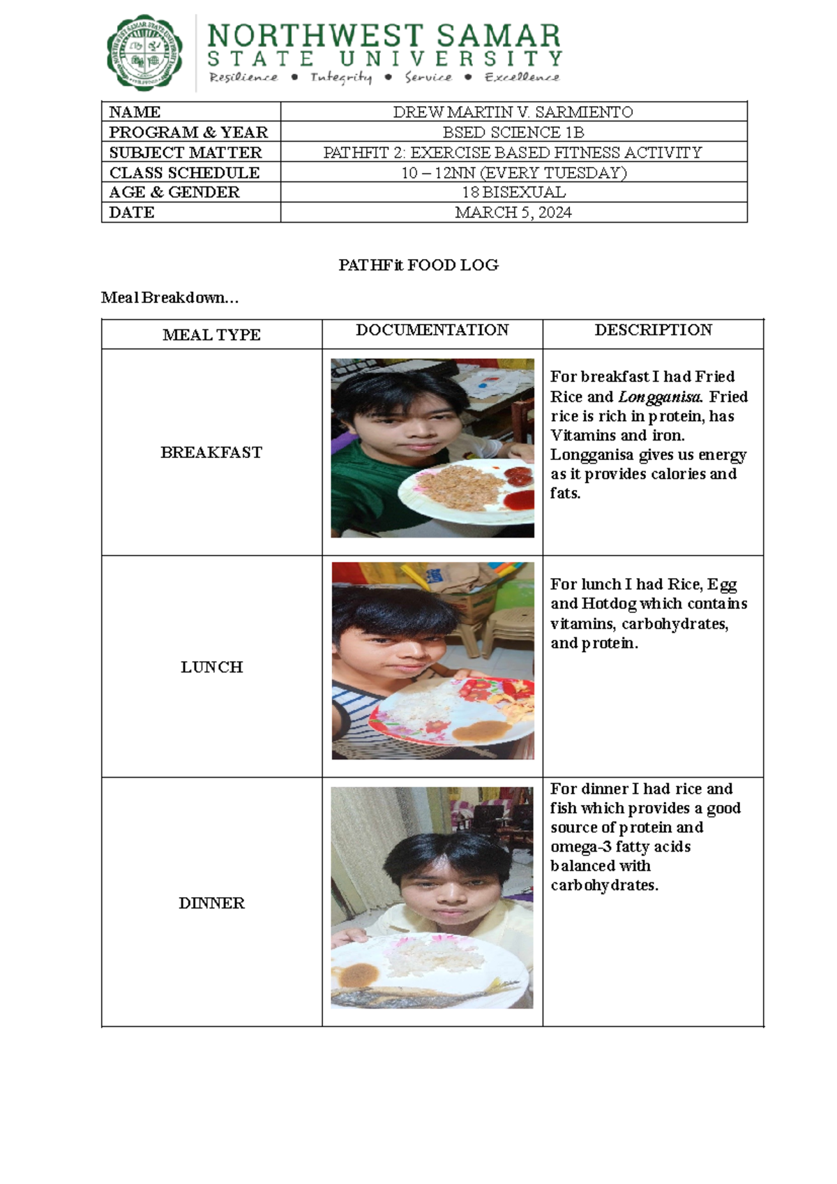 Pathfit-Activity - pathfit activity food log and fit planner - NAME ...