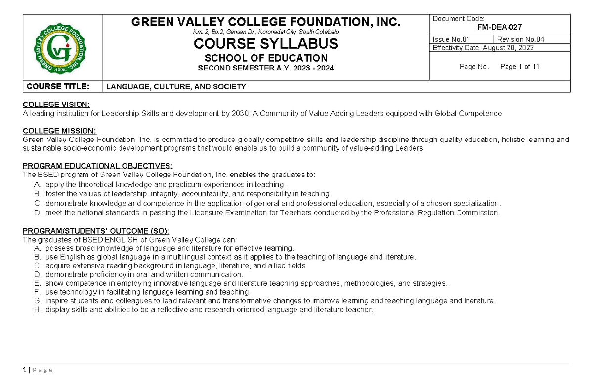Language, Culture, and Society Syllabus - GREEN VALLEY COLLEGE ...