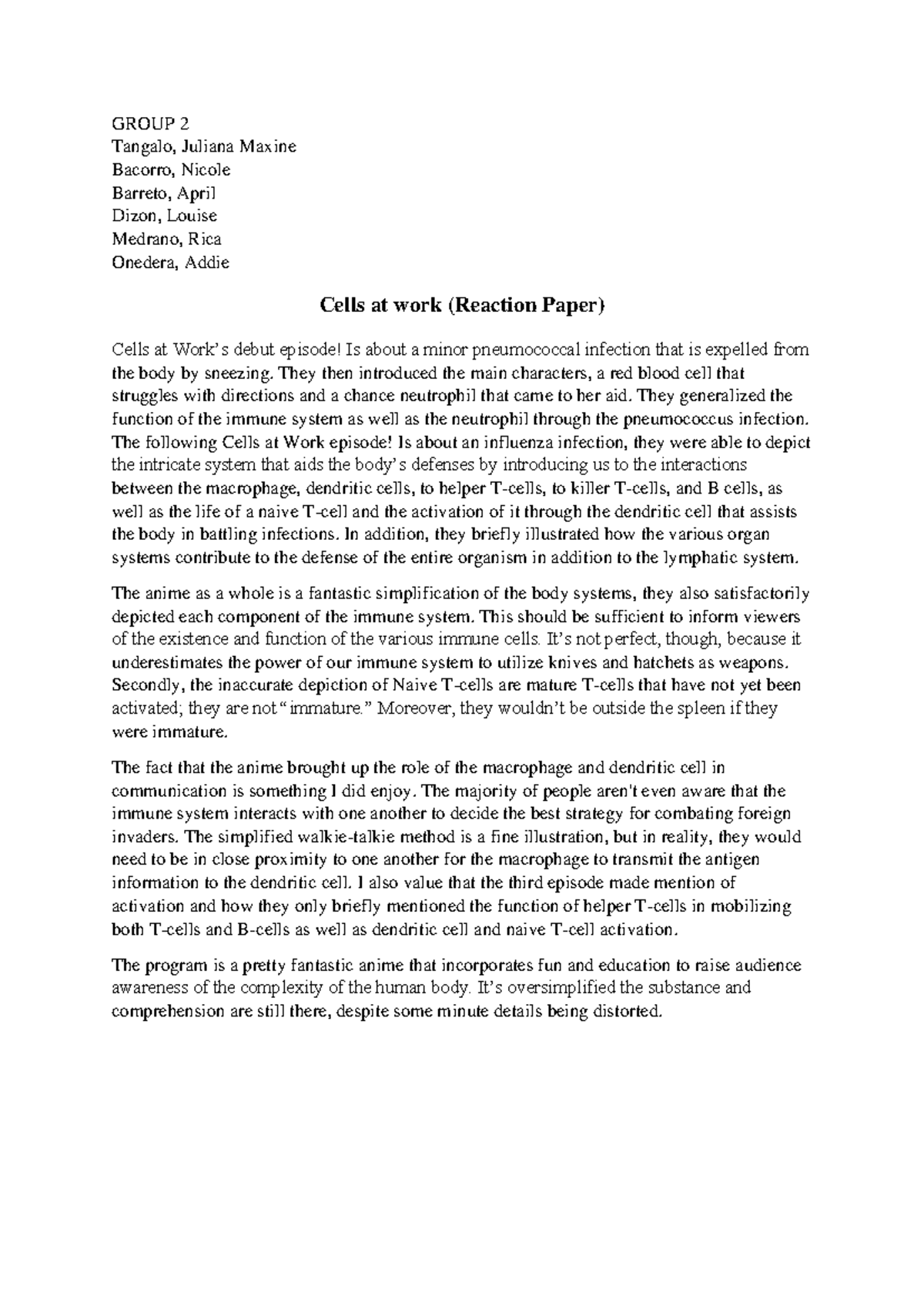 Cells at Work Reaction Paper - GROUP 2 Tangalo, Juliana Maxine Bacorro ...