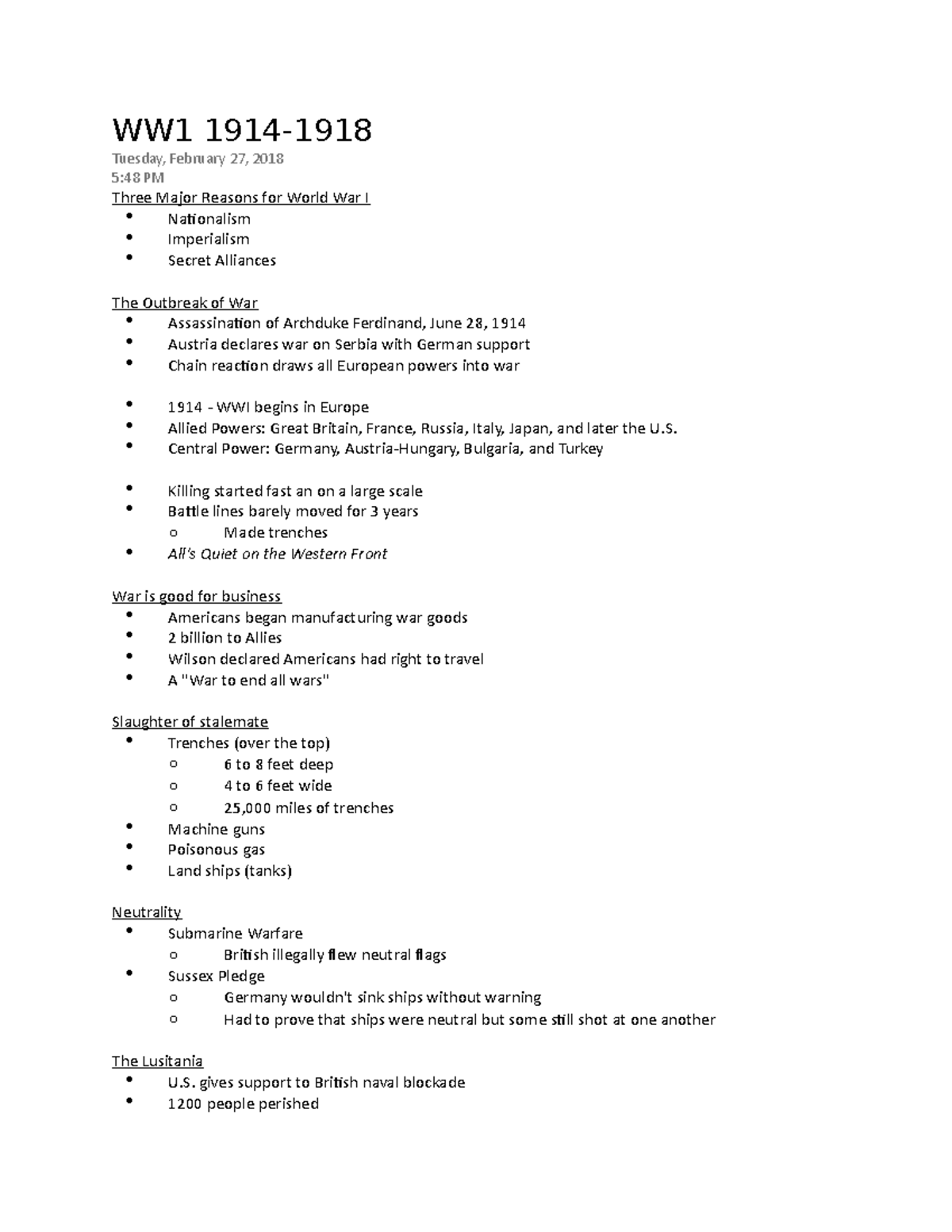 WW1 - Lecture notes 6 - WW1 1914-1918 Tuesday, February 27, 2018 5:48 ...