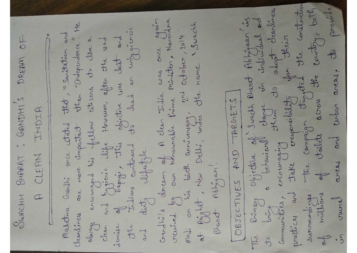 Adarsh karn - Notes of lecture - SWACHH BHARAT : DREAM OF A CLEAN INDIA ...