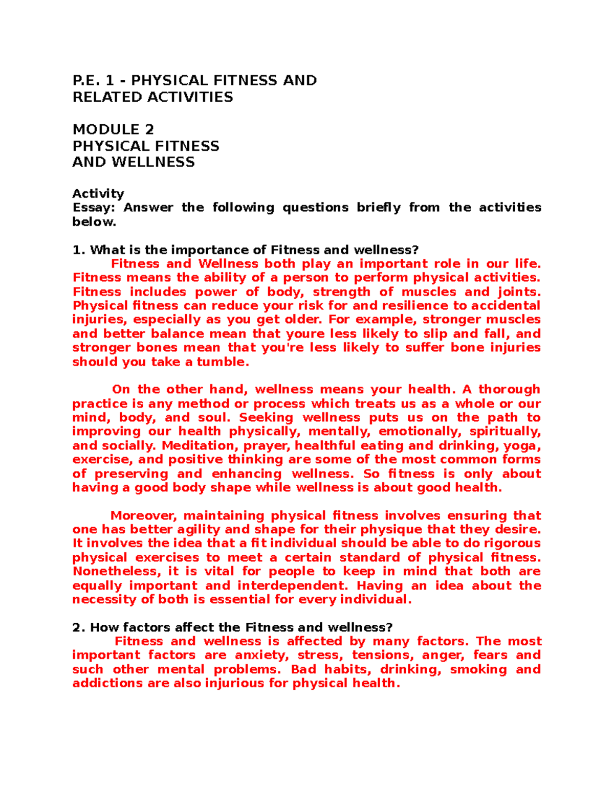 PE. Mod2 - pe mod 2 - P. 1 - PHYSICAL FITNESS AND RELATED ACTIVITIES ...