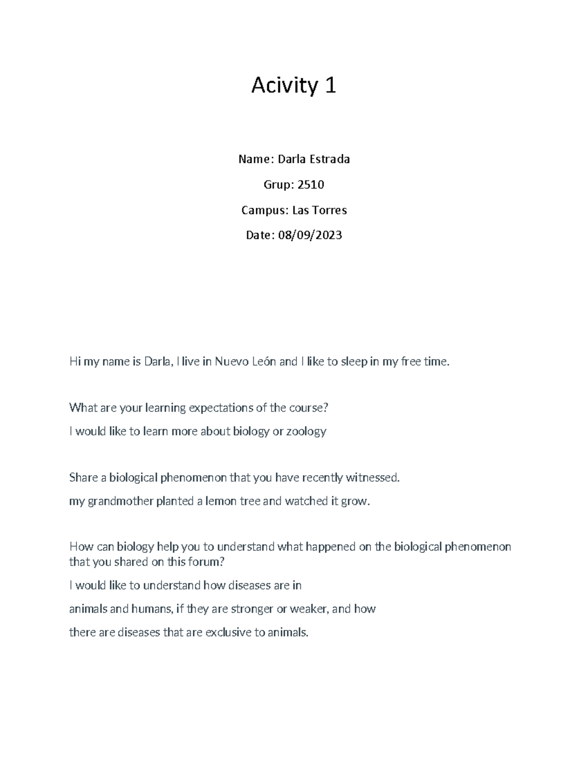 Acivity 1 life science - Activity 1| - Acivity 1 Name: Darla Estrada ...