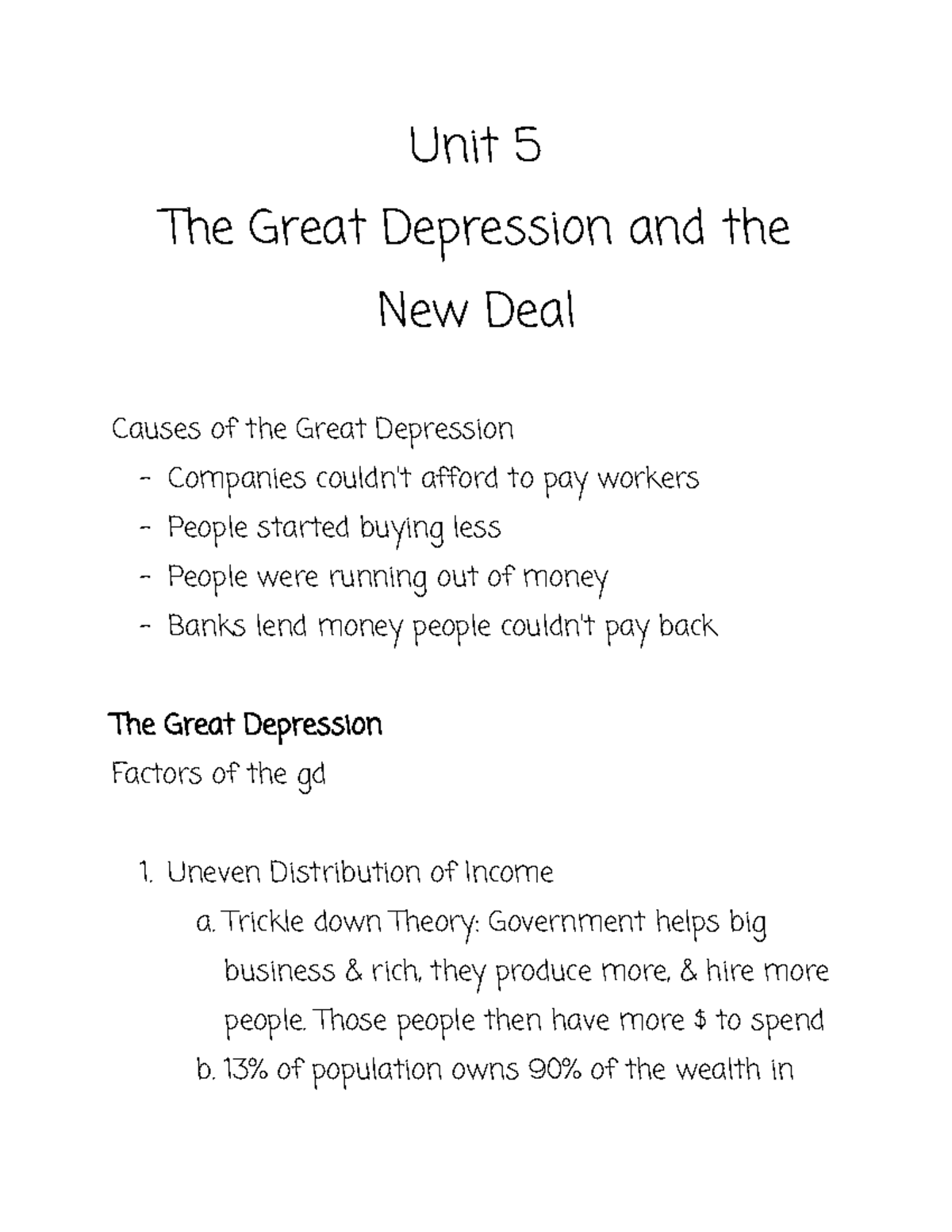 Unit 5 - notes - Unit 5 The Great Depression and the New Deal Causes of ...