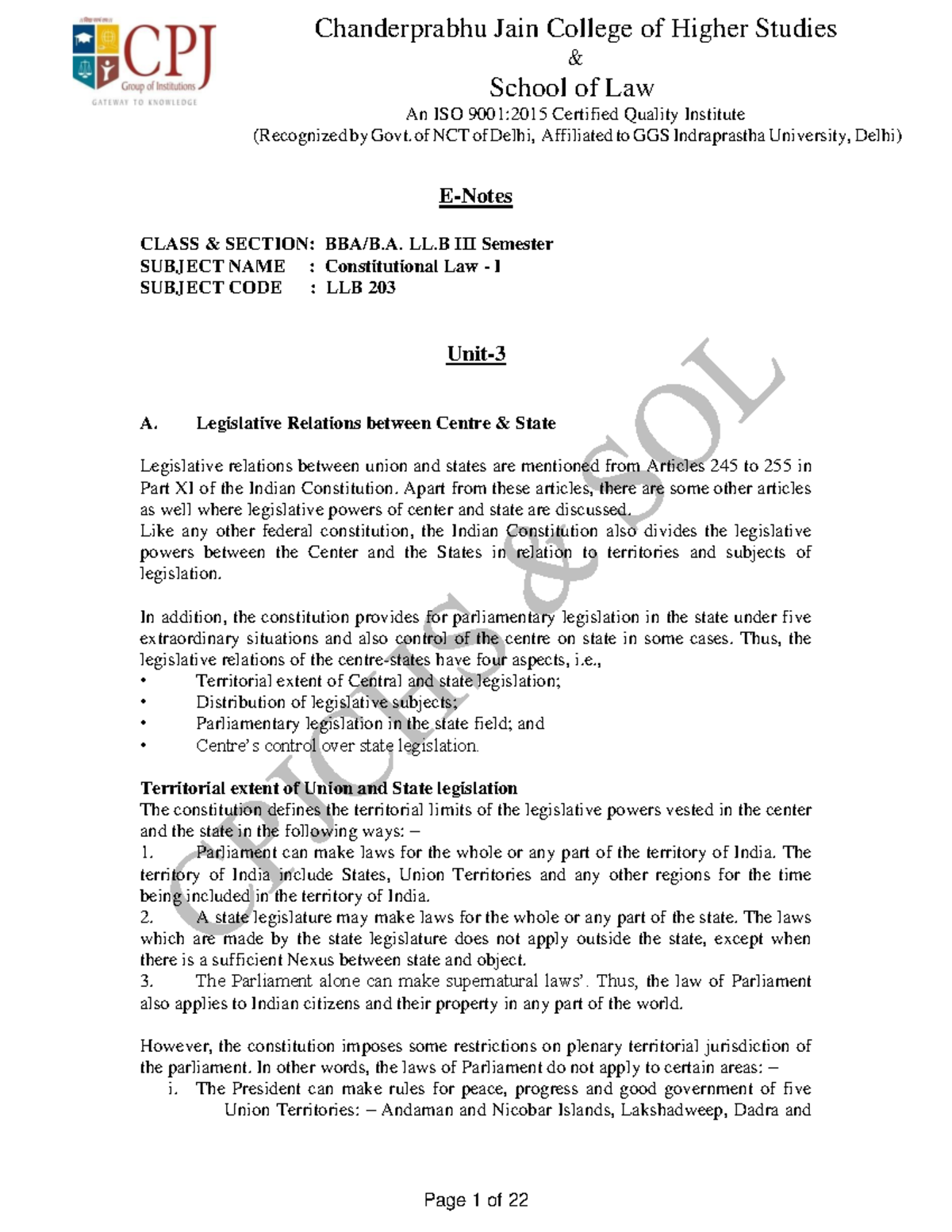 E-Notes Constitutional Law Unit-3 - & School of Law An ISO 9001:2015 ...