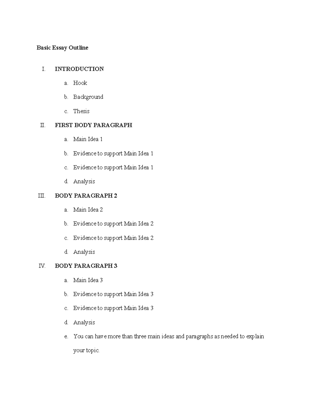 Basic Essay Outline Template - Basic Essay Outline I. INTRODUCTION a ...
