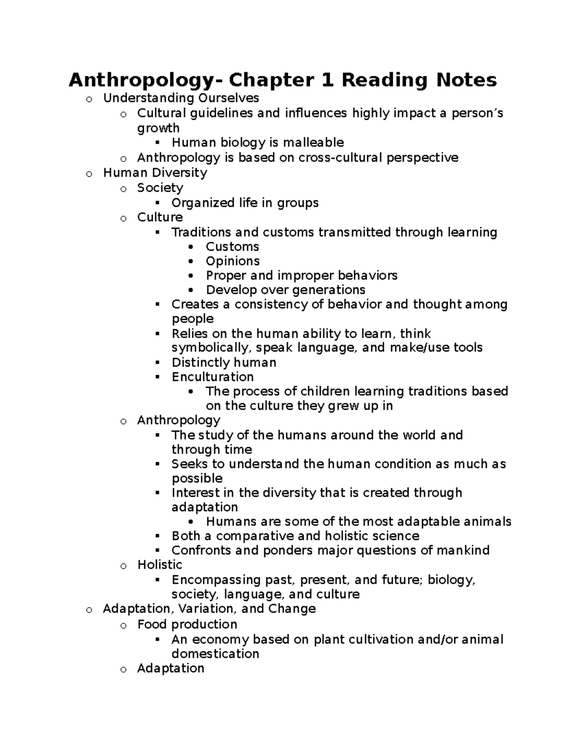 Anthropology- Chapter 1 Reading Notes - ANTH 101 - SCAD - Studocu