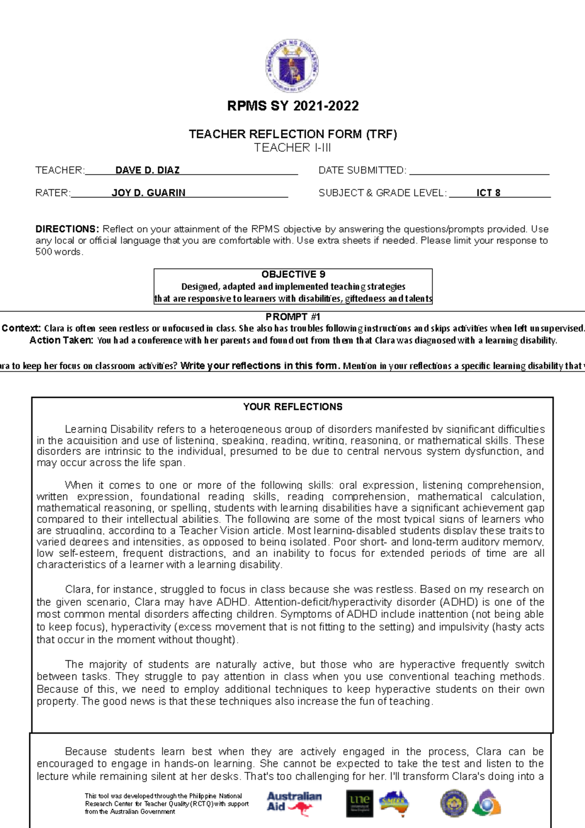Appendix 4A Teacher Reflection Form for T I III for RPMS SY 2021 2022 ...