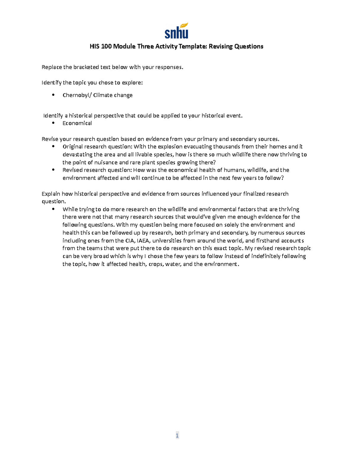 HIS100 3-2 - Assignment for classwork. - HIS 100 Module Three Activity Template: Revising ...