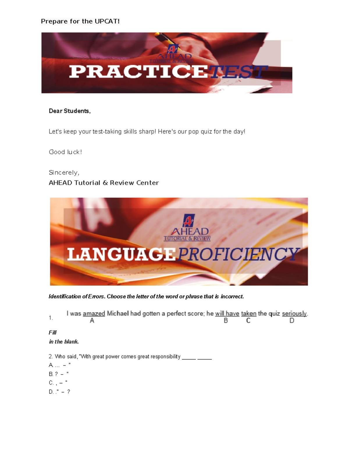 Language proficiency - Prepare for the UPCAT! Dear Students, Let's keep ...