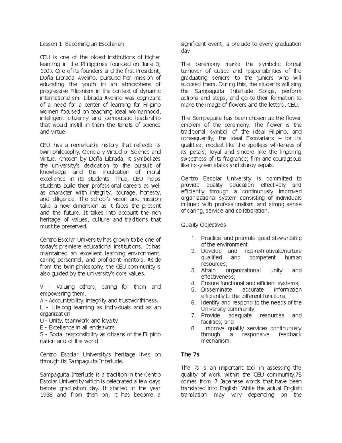 ETS - Midterm notes for ETS - Lesson 1: Becoming an Escolarian CEU is ...