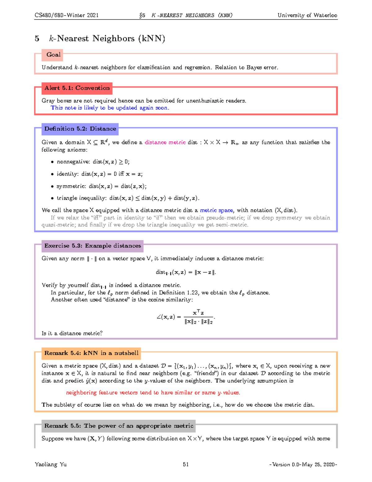 Lec5-notes - Lecture 5 - 5 k-Nearest Neighbors (kNN) Goal Understand k ...