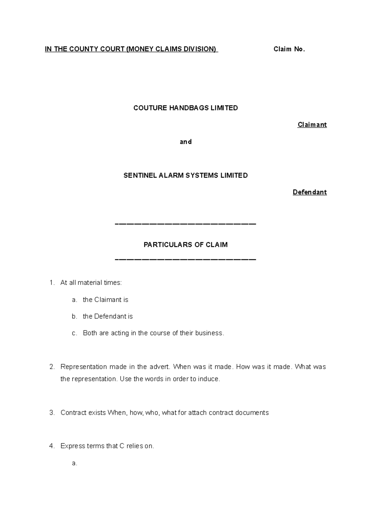 Couture v Sentinel - Draft particulars of claim - IN THE COUNTY COURT ...