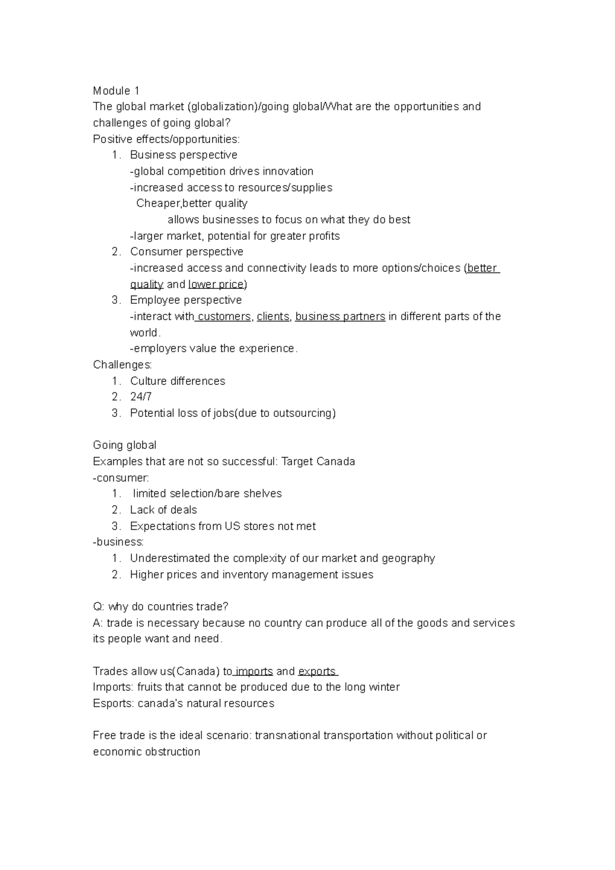 Module 1 - Lecture notes 1 - Module 1 The global market (globalization ...