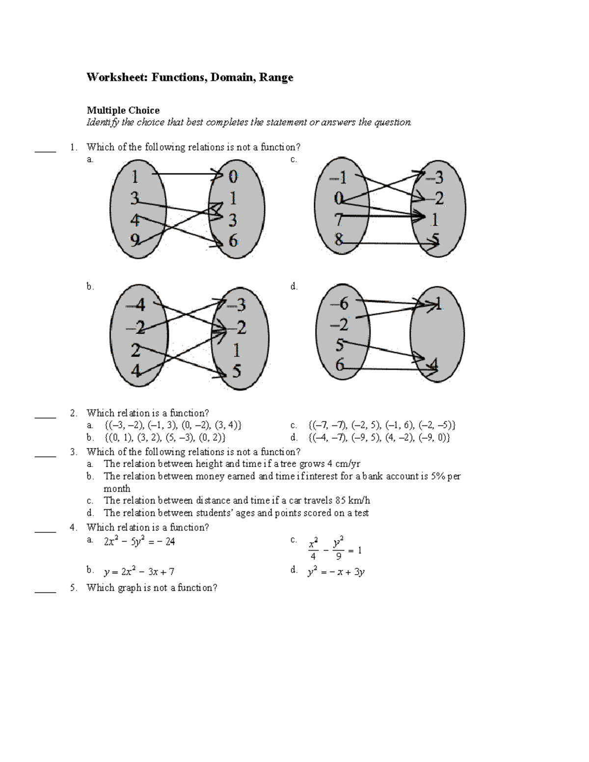 Worksheet School - Worksheet: Functions, Domain, Range Multiple Choice ...