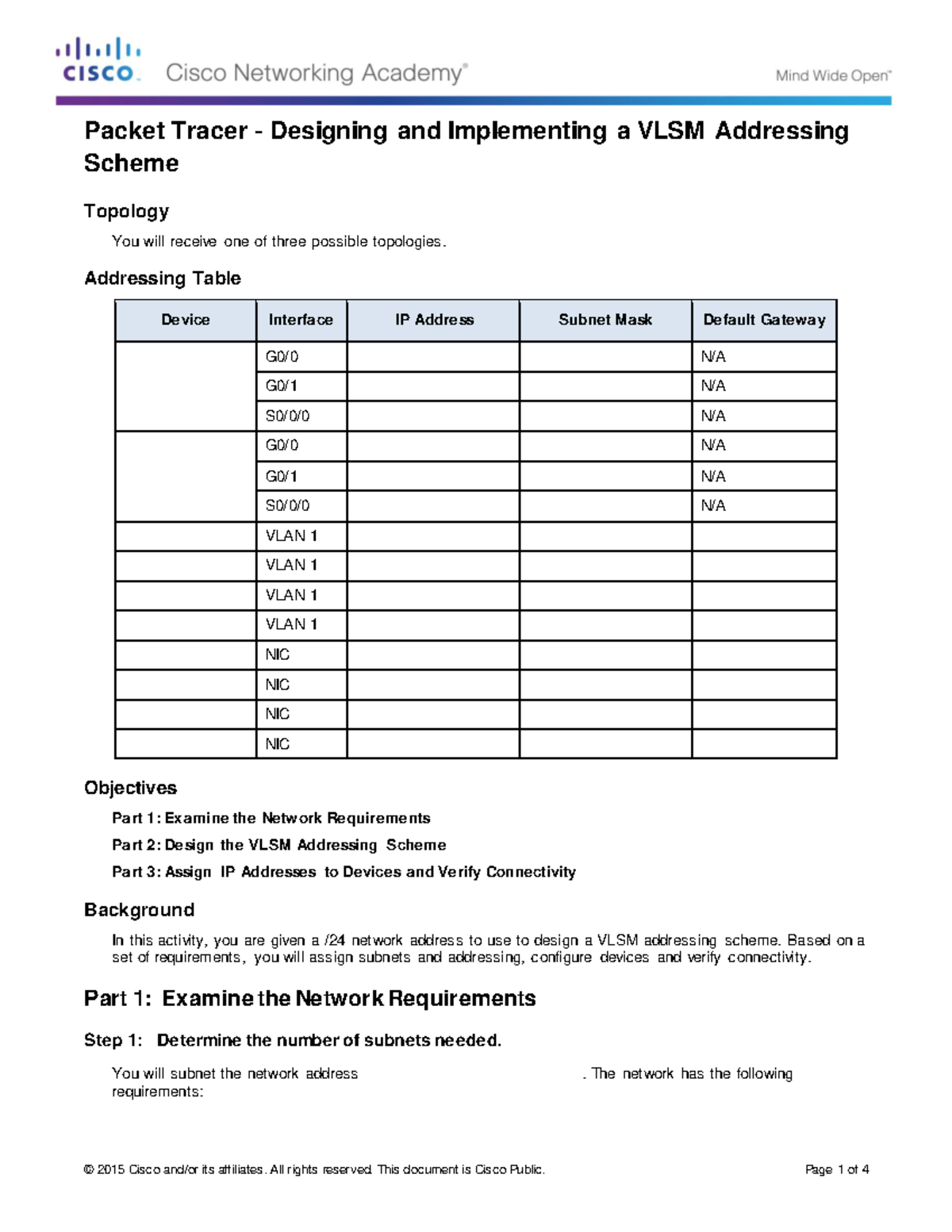 8214 Packet Tracer Designing And Implementing A Vlsm Addressing