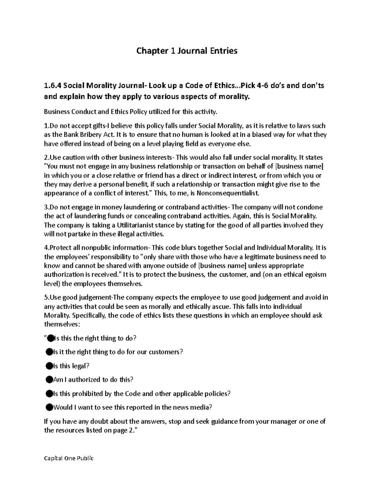 Ethics CH 1 Journals - journal work within chapters - Chapter 1 Journal ...