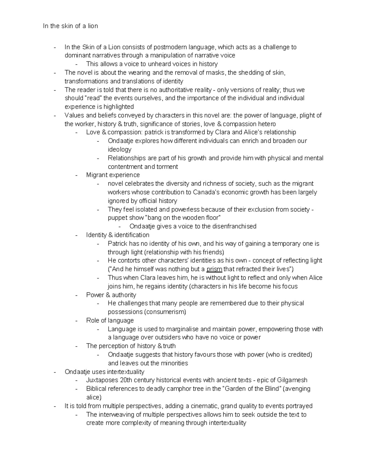 A4 pg notes - essay ideas and themes - In the skin of a lion In the ...