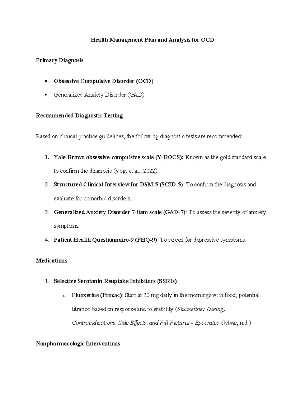 MH plan and analysis - Health Management Plan and Analysis for OCD ...