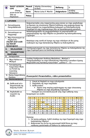 AP 6 DLP Q1-WEEK 1 - Daily Lesson Plan for AP 6 First Quarter - PANG-ARAW-ARAW NA TALA SA ...