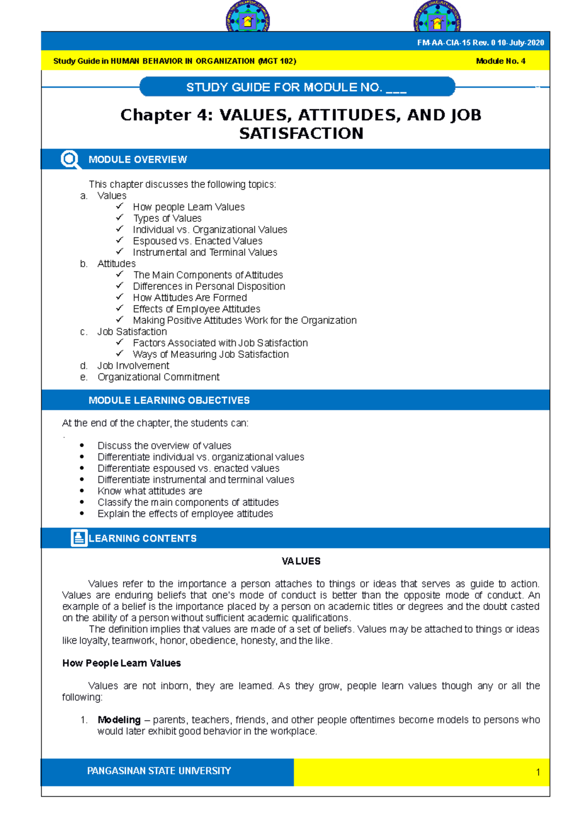 Module 4 Values Attitudes and Job Satisfaction - PANGASINAN STATE ...