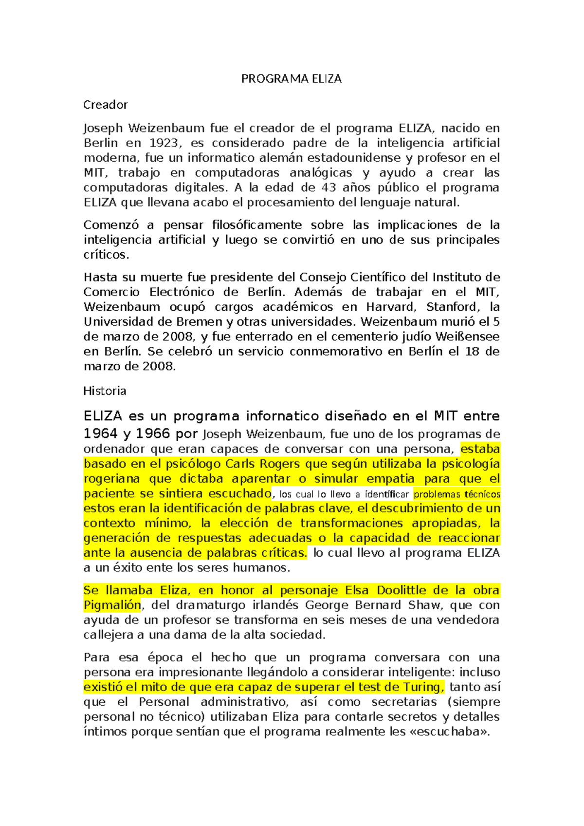 Programa Eliza - introduccion - PROGRAMA ELIZA Creador Joseph ...